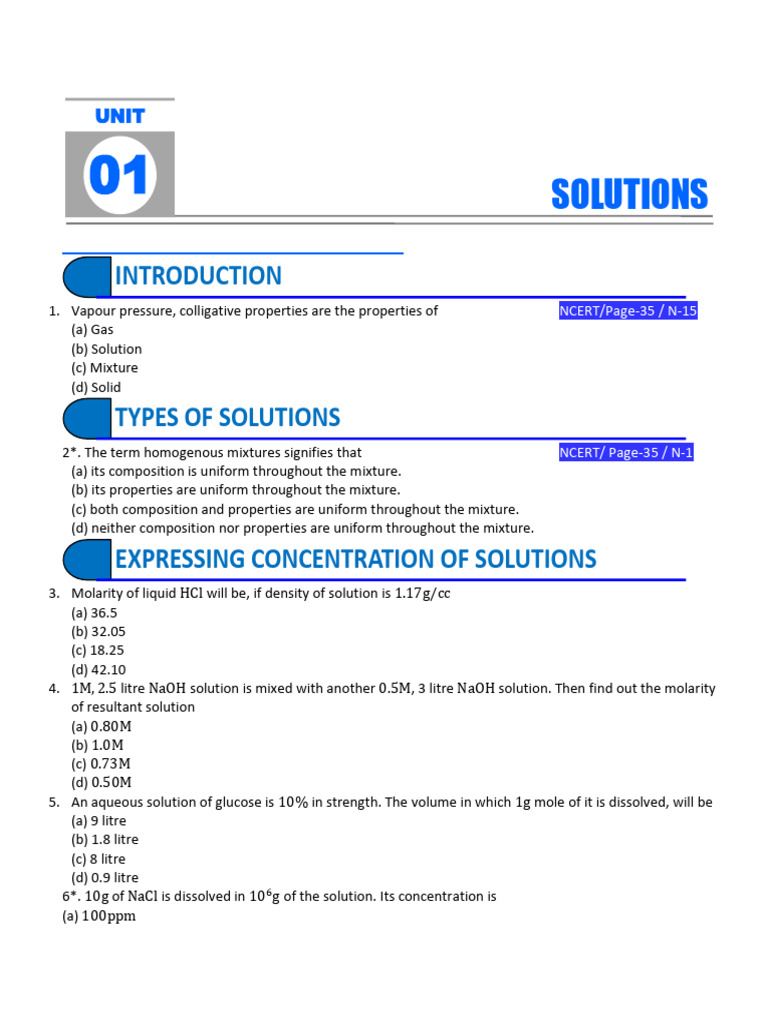 Solutions: Exercise 1: Ncert Based Topic-Wise Mcqs | PDF | Solubility | Applied And ...