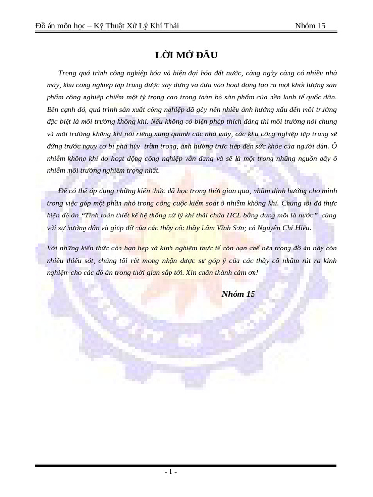 Tinh Toan Thiet Ke He Thong Xu Ly Khi Thai Chua HCL Bang Dung Moi La Nuoc | PDF