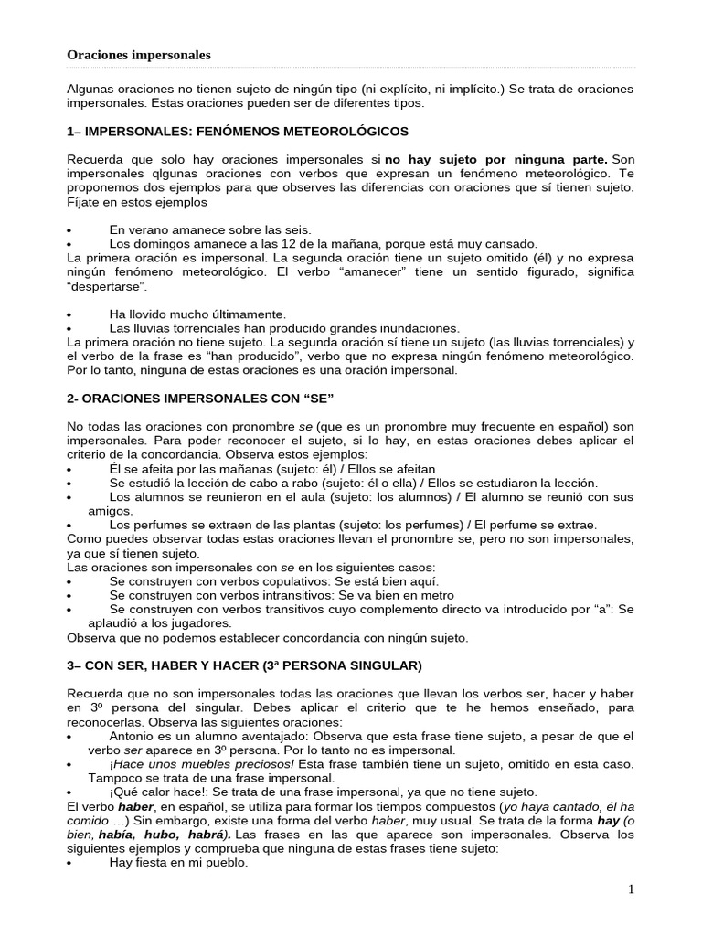 Guía sobre oraciones impersonales en español | PDF | Asunto (gramática ...