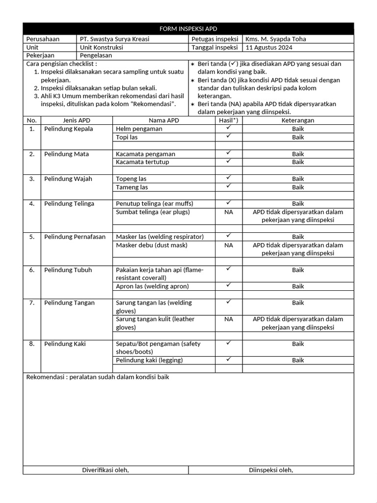 Form Inspeksi APD | PDF