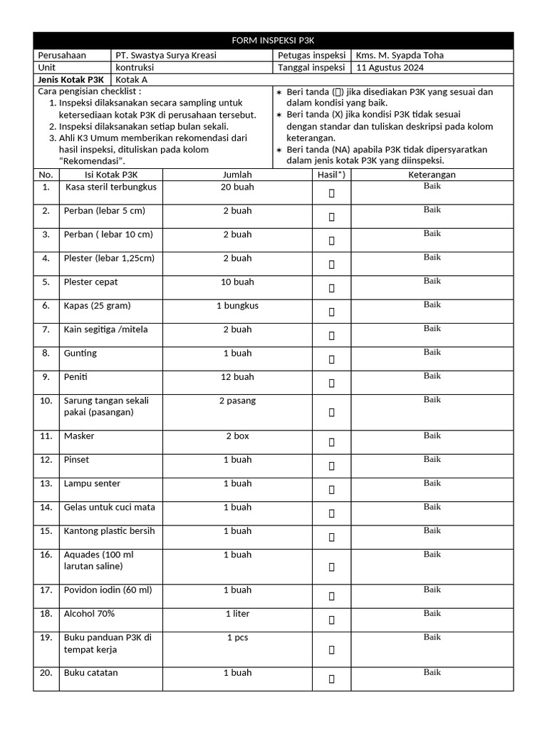4. Form Inspeksi P3K | PDF