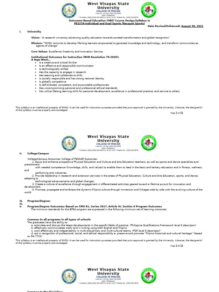 PE 227A Individual and Dual Sports BPED Revised Syllabus Template | PDF | Profession