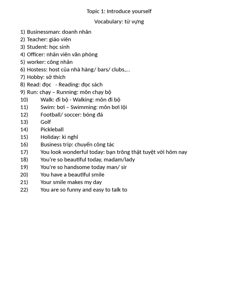 Topic 1 Introduce Yourself, Vocabulary | PDF