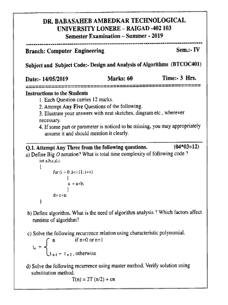 Btech Cs 4 Sem Design and Analysis of Algorithms Btcoc401 May 2019 | PDF | Matrix (Mathematics ...