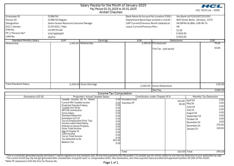 HCL Salary Payslip - January 2025 | PDF | Taxes | Payroll
