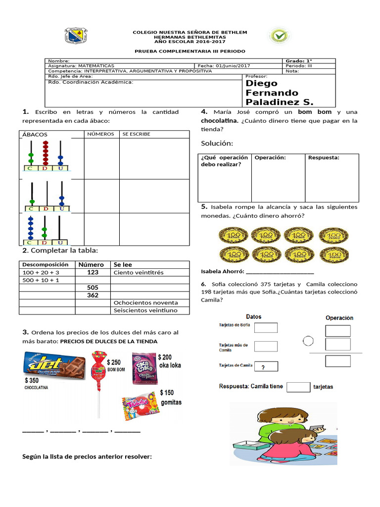 Prueba de Complementaria 2016-2017 Iii Periodo Primero | PDF