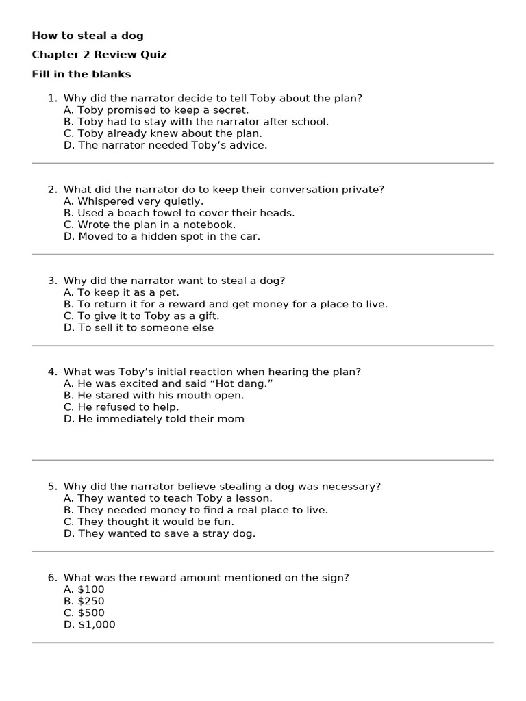 Dog Theft Plan Review Quiz | PDF | Noun | Linguistics