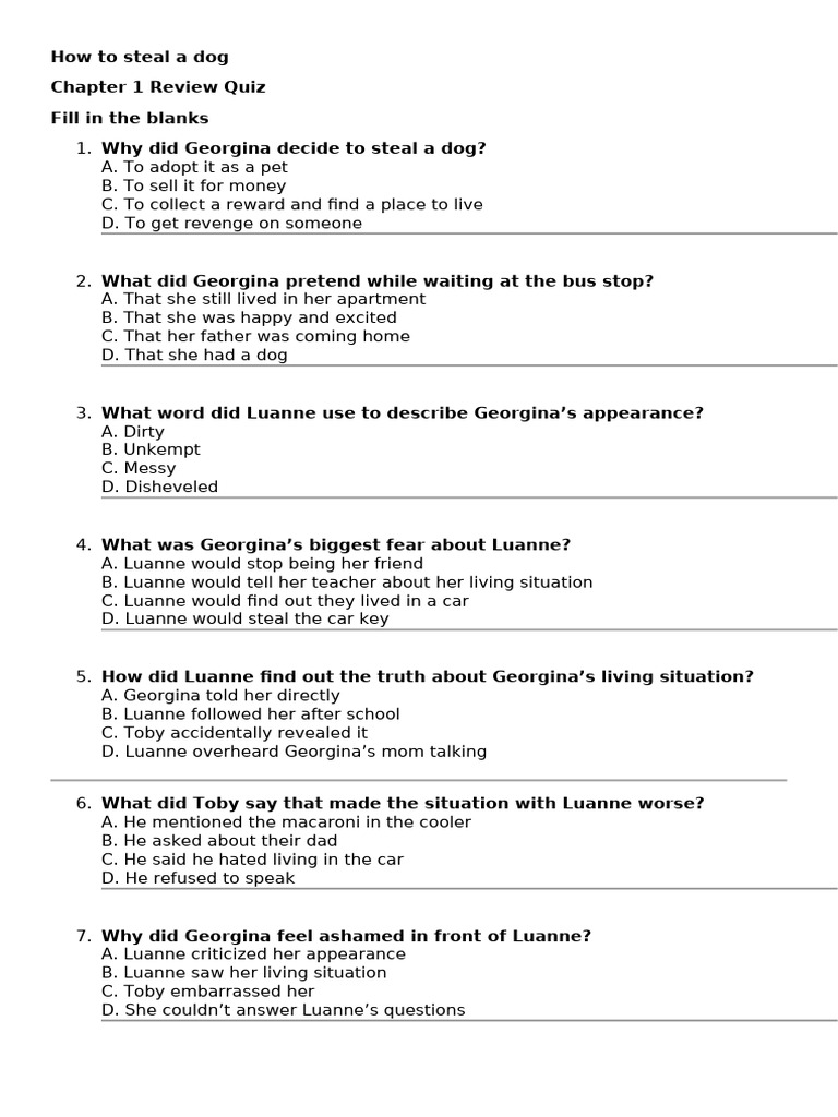 How To Steal A Dog Chapter 1 Quiz | PDF | Noun | Adjective