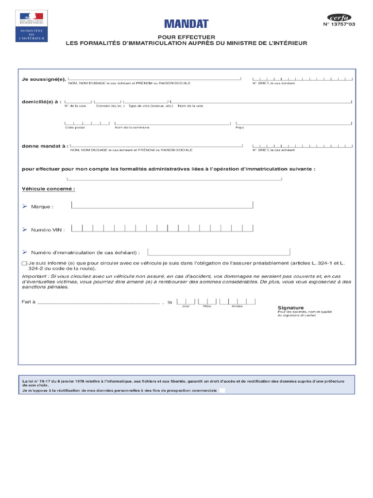 2) Cerfa 13757 03 Mandat Dimmatriculation .PNG 1 240 × 1 753 Pixels | PDF