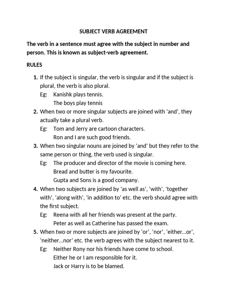 SUBJECT VERB AGREEMENT RULES | PDF | Plural | Grammatical Number