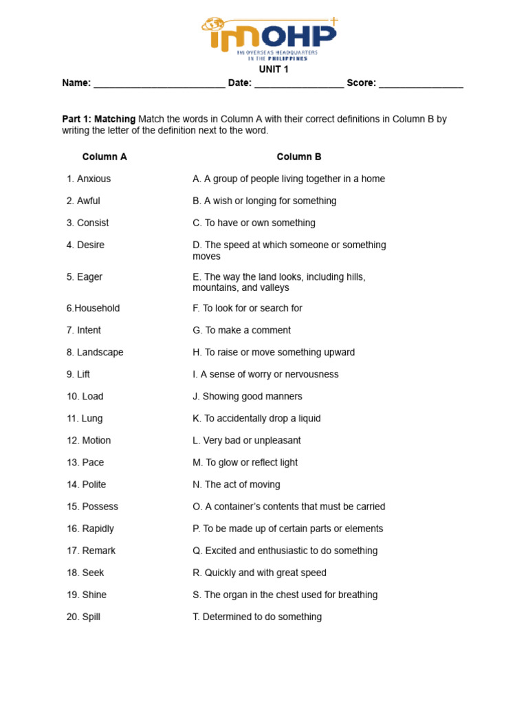 Voca 2_ Unit 1-6_ Seatwork | PDF | Fear