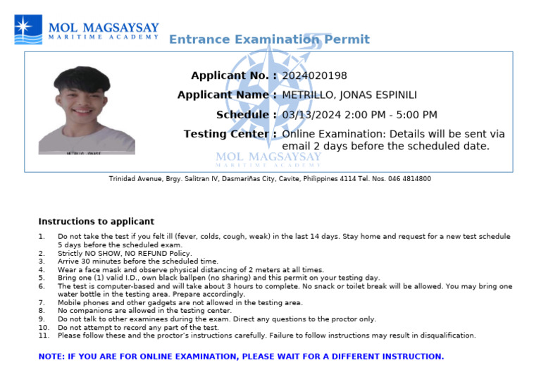 MMMA Exam Permit | PDF