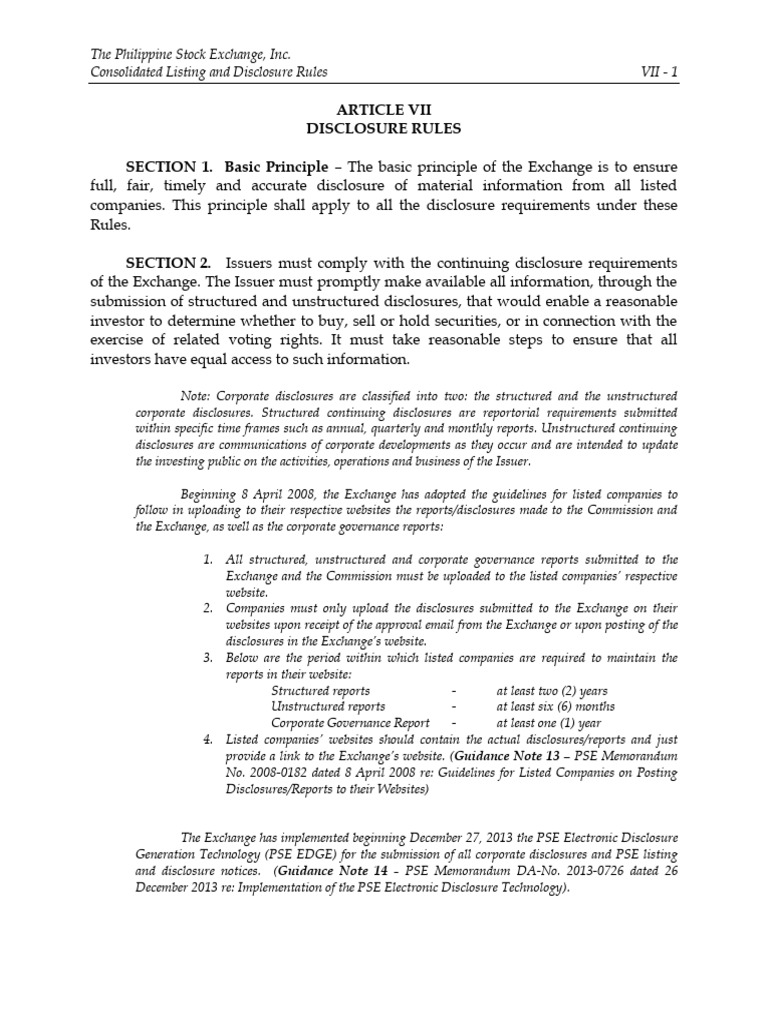 Article VII - Disclosure Rules | PDF | Securities (Finance) | Mergers ...