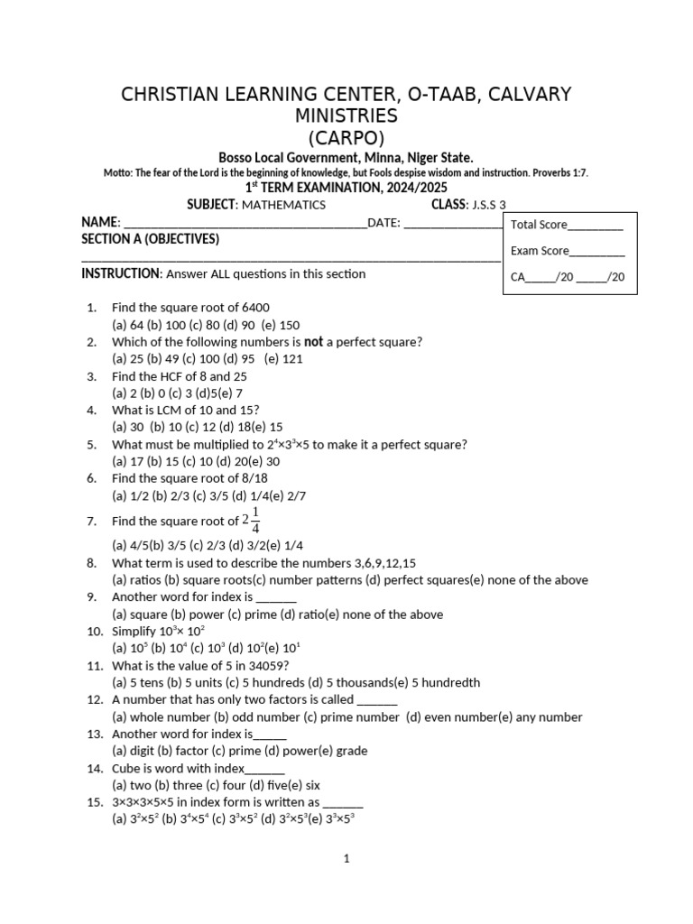 JSS 3 Mathematics First Term Exam 2024 | PDF | Mathematical Concepts ...