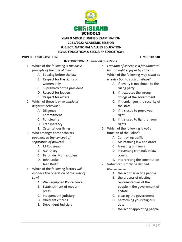 Civic Education Year 9 Paper 1. | PDF | Rule Of Law | Nigeria