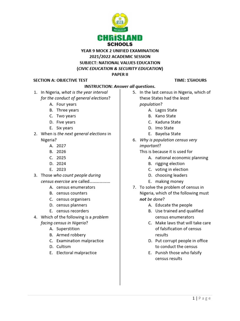 Year 9 National Values Education Exam | PDF | Nigeria | Government