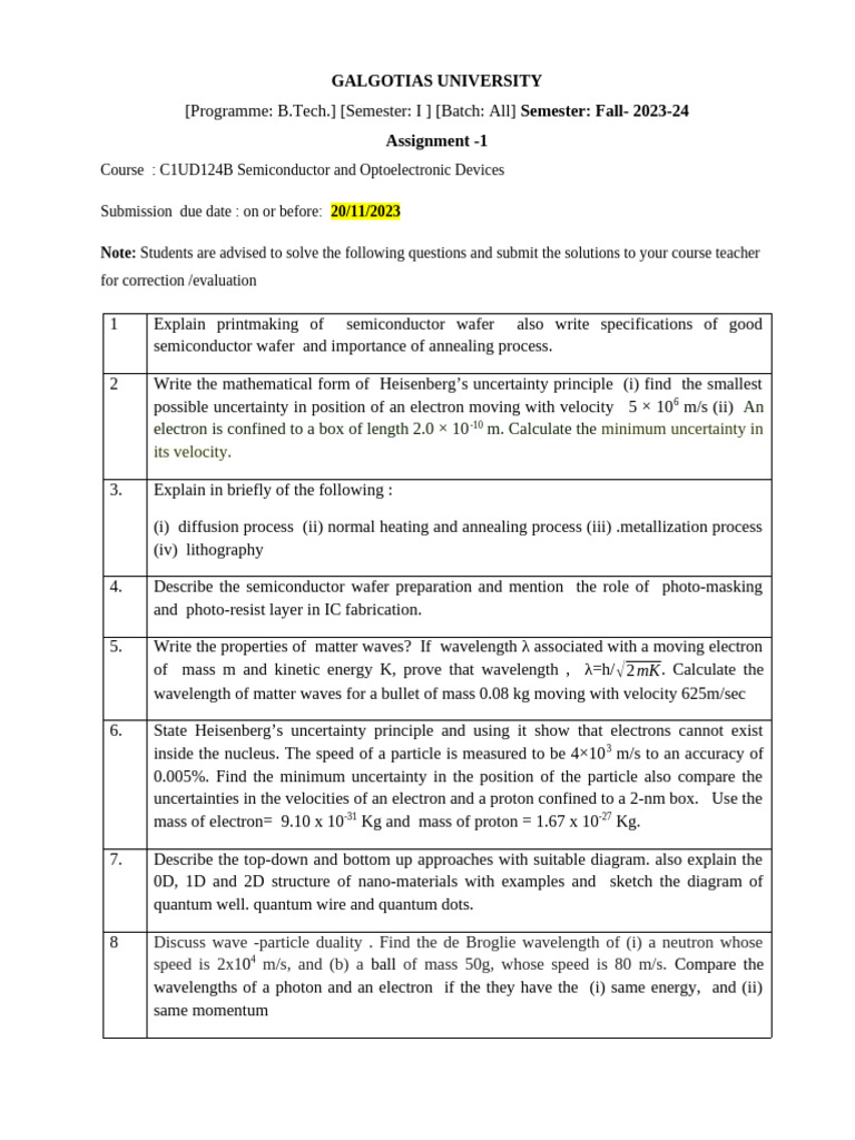 Assignment-1 Semiconductor and Optoelectronics Dives | PDF ...