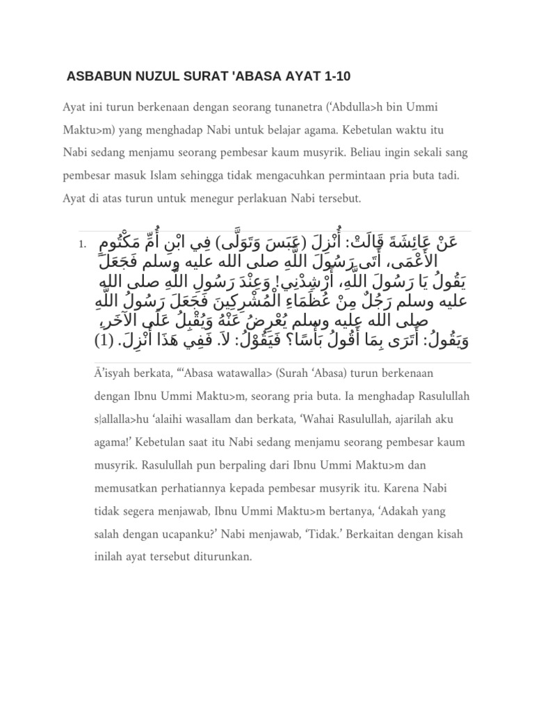 Asbabun Nuzul Surat Abasa 1-10 | PDF