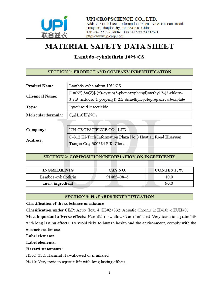 Lambda-Cyhalothrin 10% CS Safety Data Sheet | PDF | Dangerous Goods ...