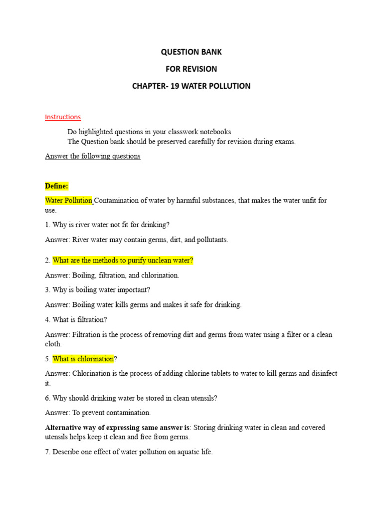 Water Pollution Question Bank for Students | PDF | Water Pollution ...