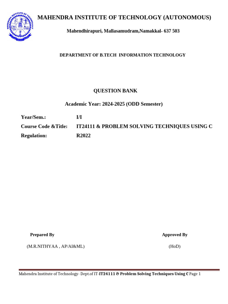 Question Bank Problem Solving in c | PDF | Hard Disk Drive | Computer Programming