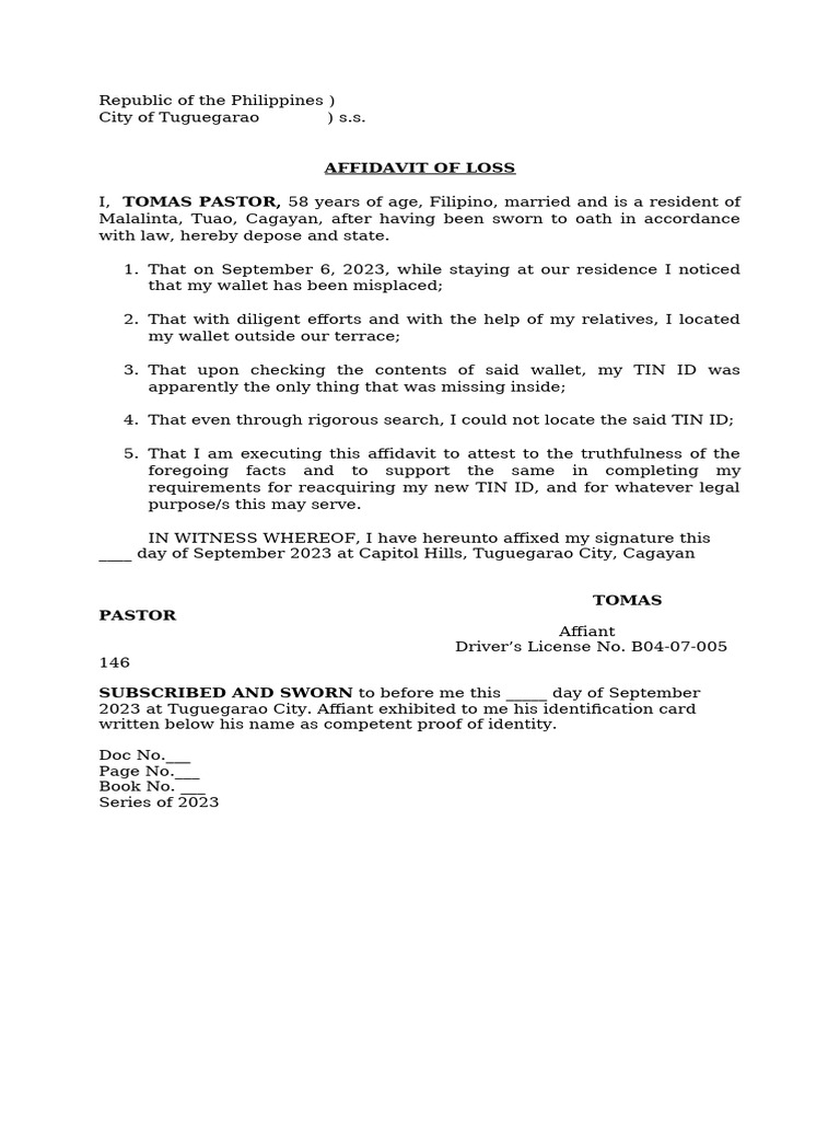Affidavit of Loss for TIN ID | PDF