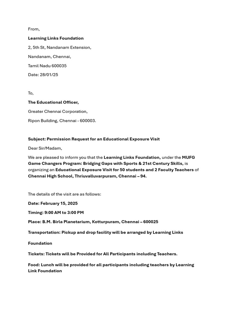Permission for Student Exposure Visit | PDF