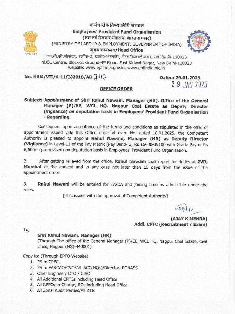 Appointment_Rahul Nawani DD(Vig) | PDF