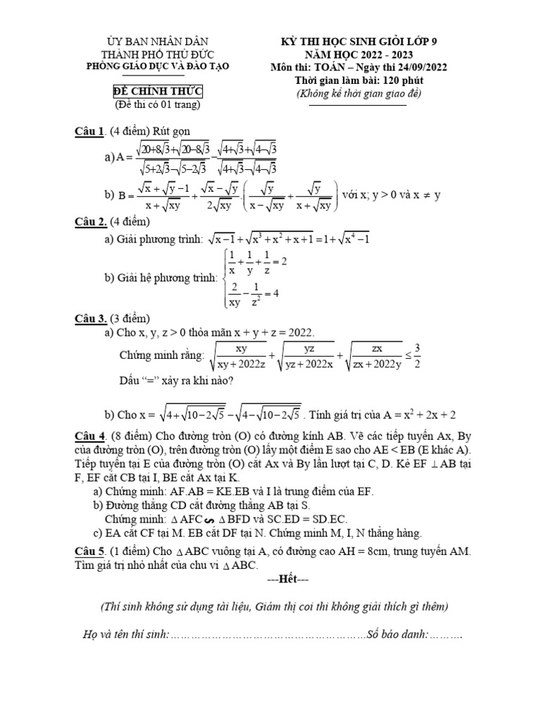 De HSG Toan 9 - TP Thu Duc 2022-2023 | PDF