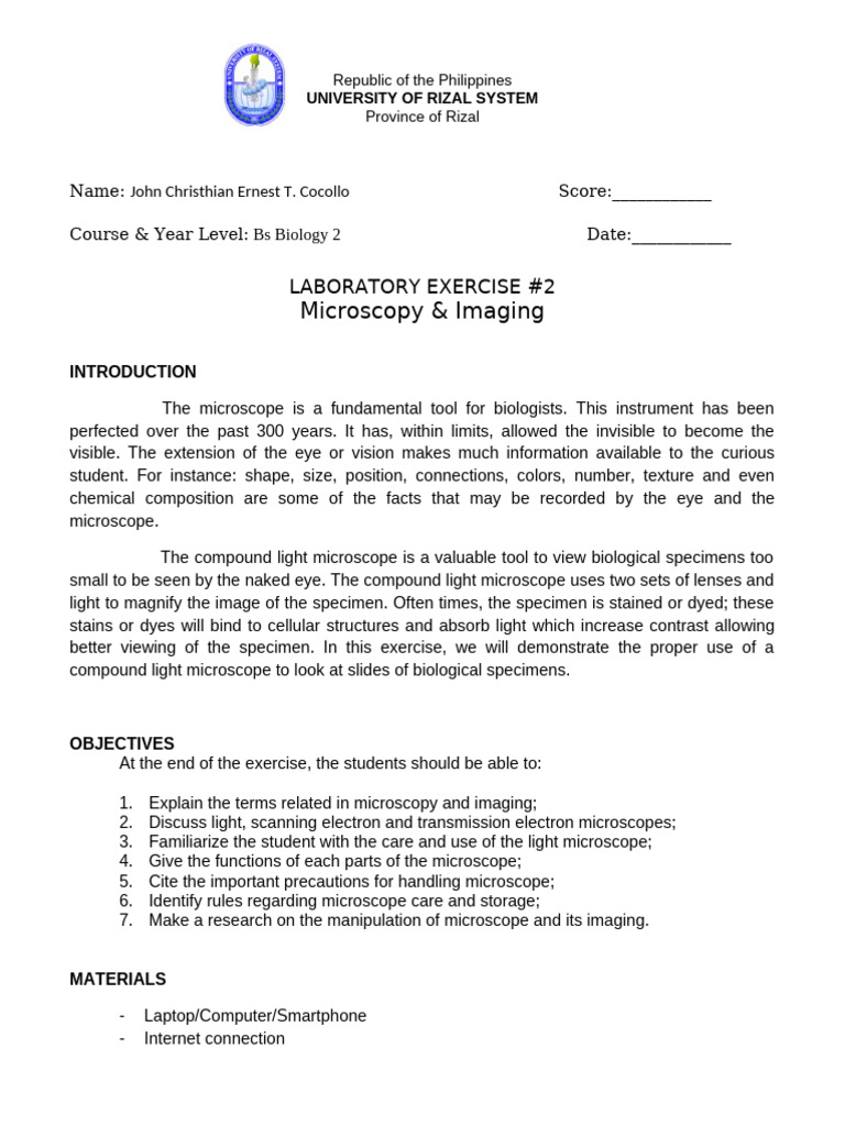 Laboratory Exercise - 2 - SPEC1 - Microscopy - and - Imaging - BSBio ...