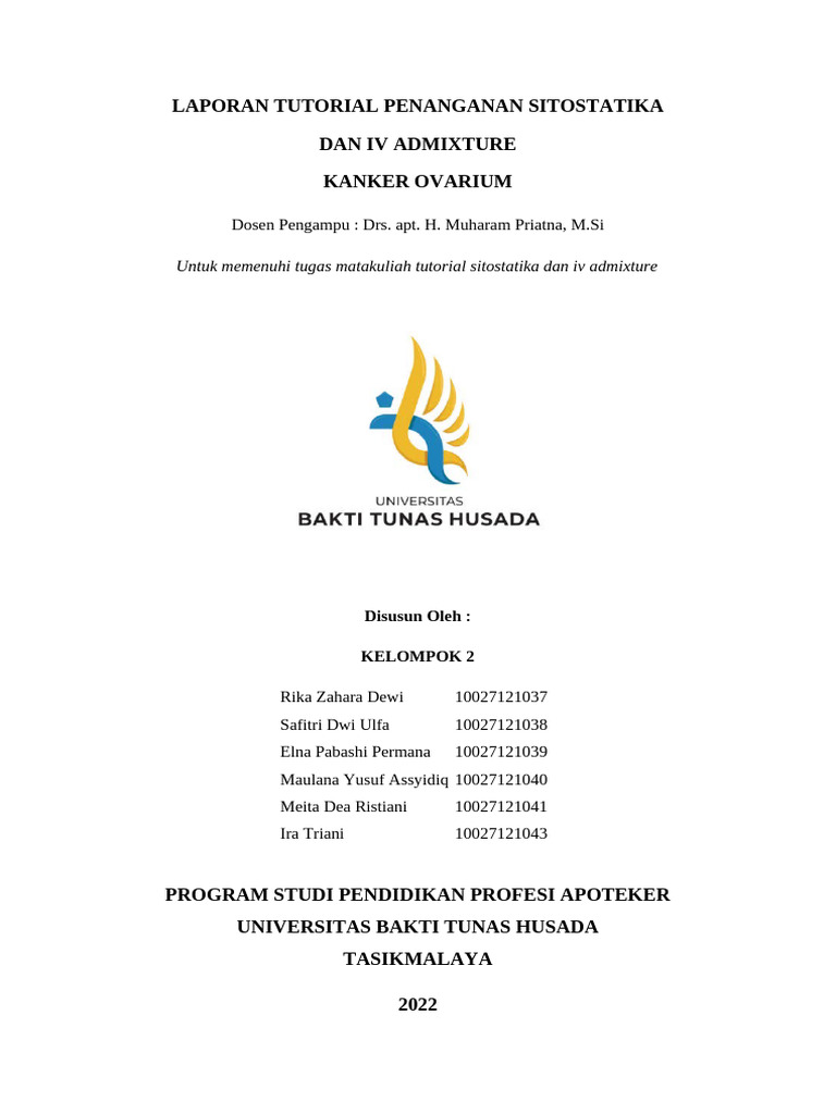 LAPORAN TUTORIAL KELOMPOK 2 SITOSTATIKA KANKER OVARIUM-1 | PDF