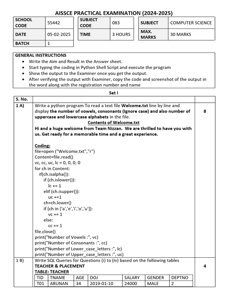 Xii Cs - Aissce Board Practical Anskey (8 Sets) | PDF | Computer Programming | Data Management