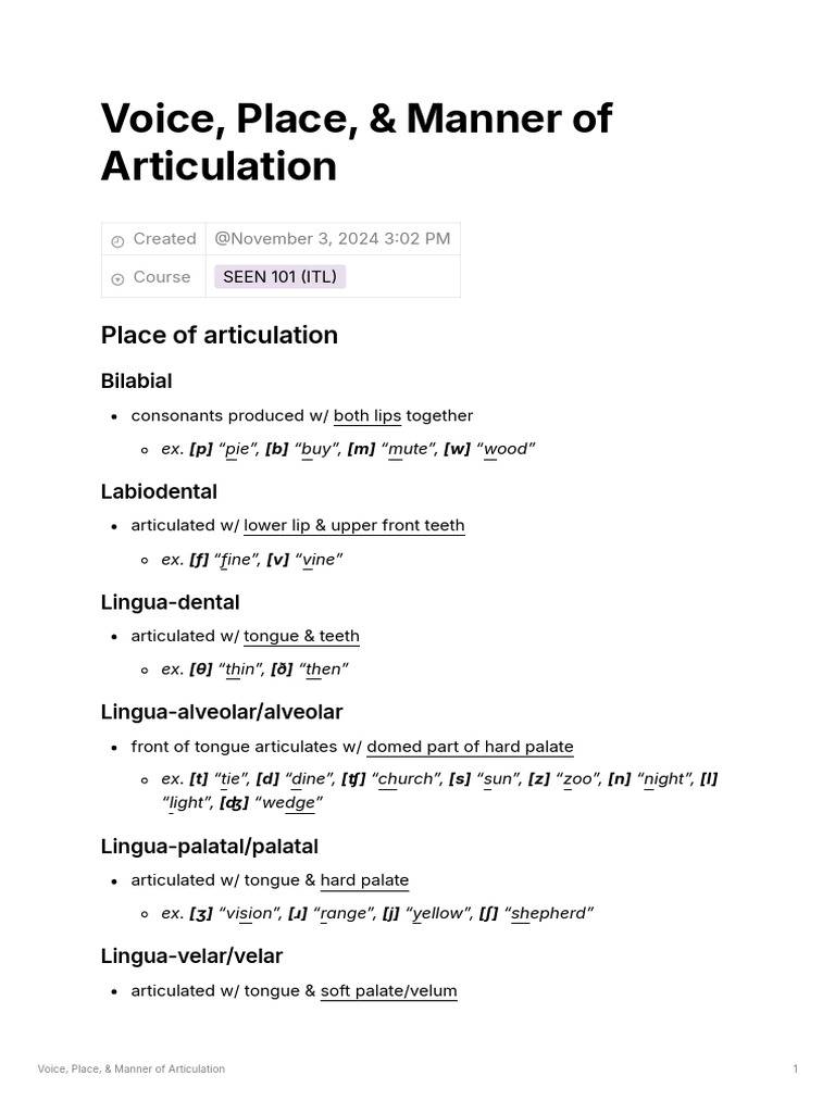Voice, Place, Manner of Articulation | PDF | Human Voice | Phonetics