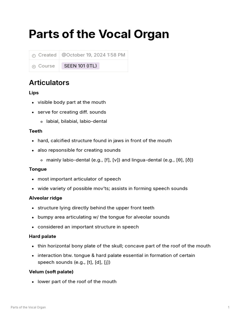 Parts of The Vocal Organ | PDF | Larynx | Phonetics