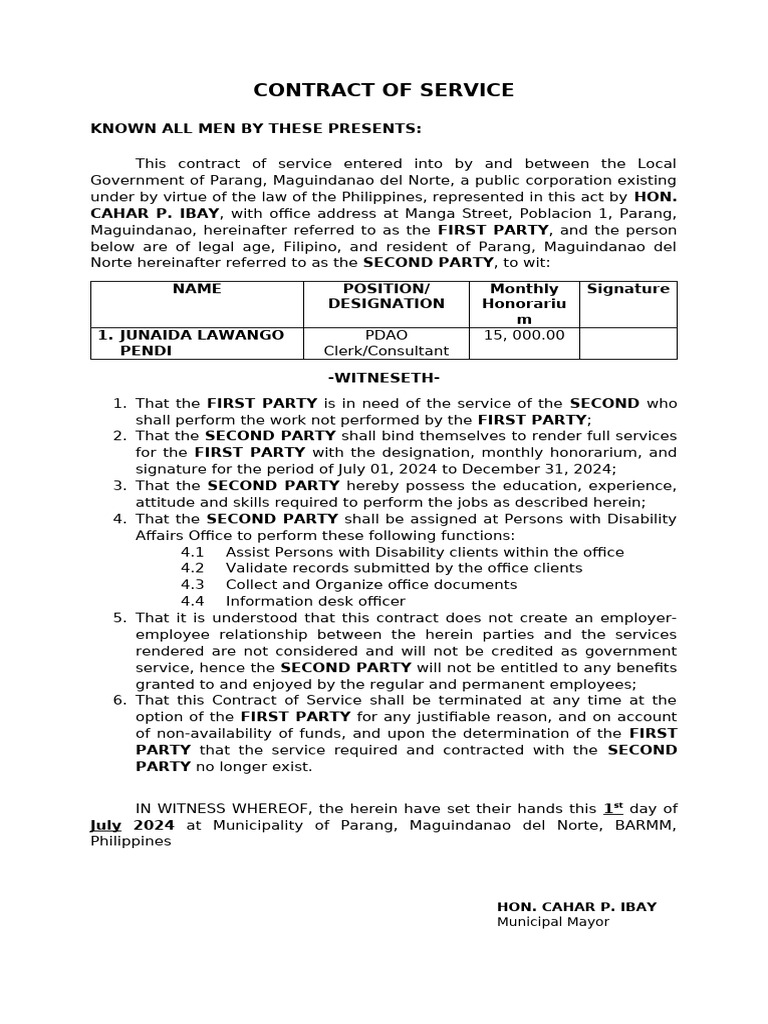 PDAO CLERK CONTRACT OF SERVICE 2024 | PDF | Justice | Crime & Violence