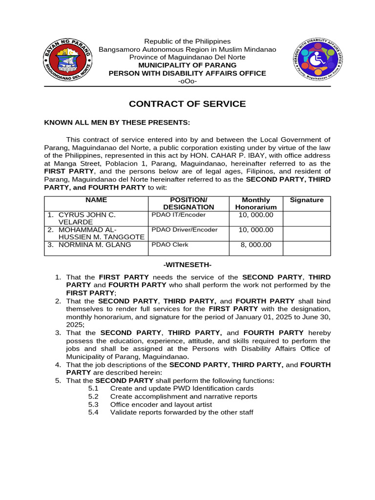 Contract of Service for PWD Affairs Office | PDF