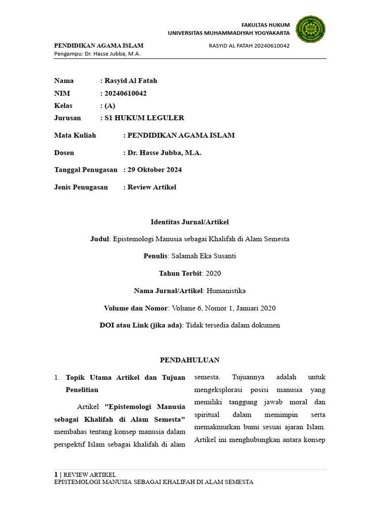 Review Artikel Epistemologi Manusia Sebagai Khalifah Di Alam Semesta | PDF