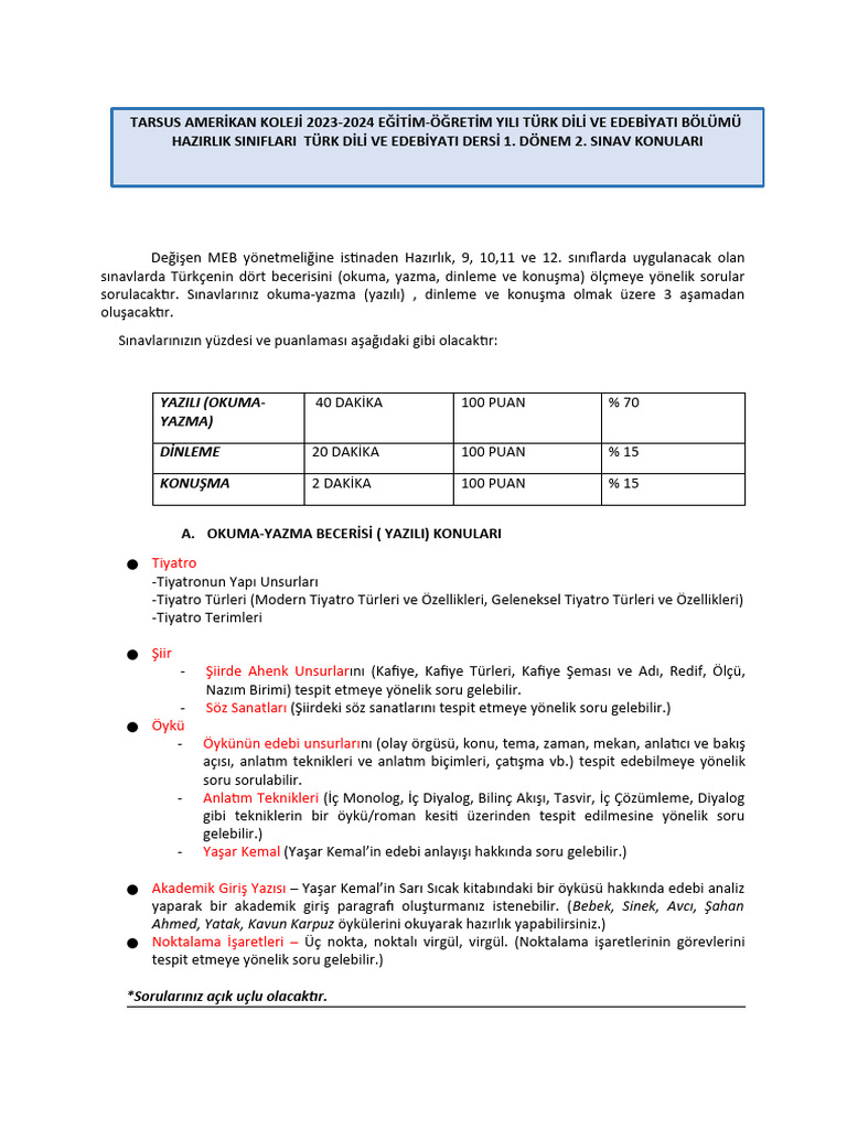 2025-Prep-TDE-1-2-Sınav Konuları | PDF