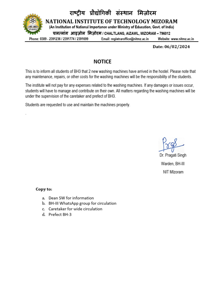 New Washing Machines Notice for BH3 Students | PDF