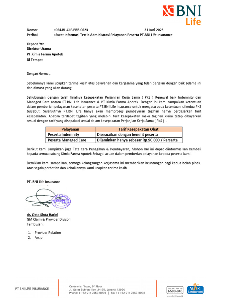 Surat Informasi Tertib Administrasi Pelayanan Peserta PT.BNI | PDF