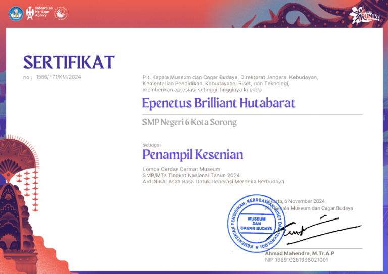 Sertifikat Penampil v4 (1) - Epenetus Briliant Huta Barat | PDF