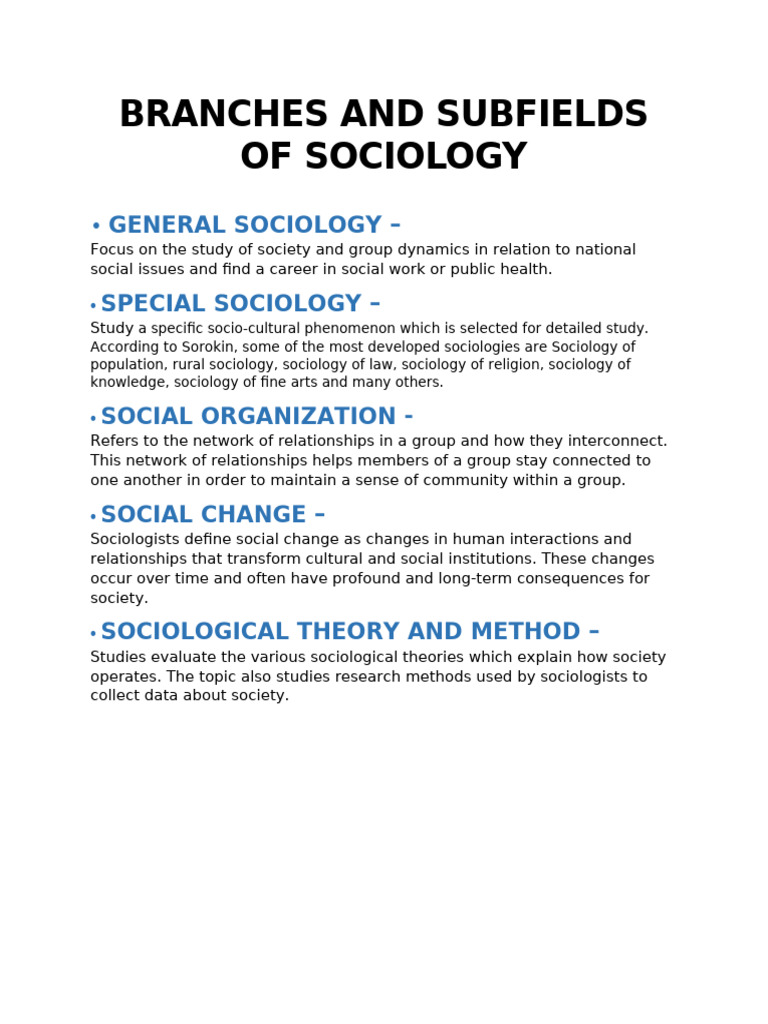 Branches and Subfields of Sociology | PDF