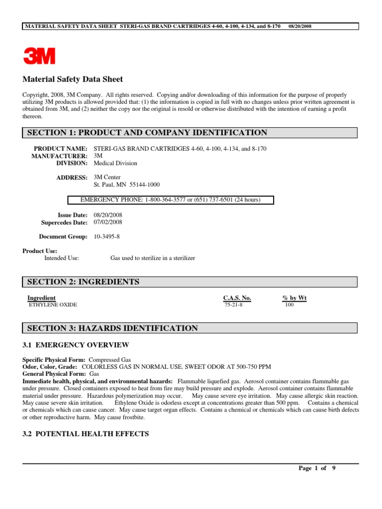 3M Steri-Gas Cartidges MSDS | PDF | Magnesium | Personal Protective ...