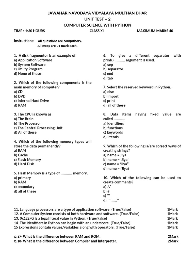 Class XI Python Unit Test Questions | PDF | Computer Data Storage ...