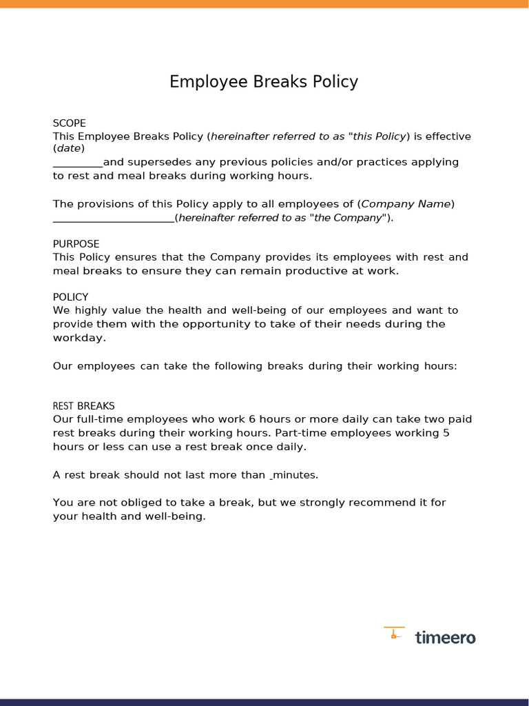 Employee Breaks Policy Overview | PDF | Working Time | Employment