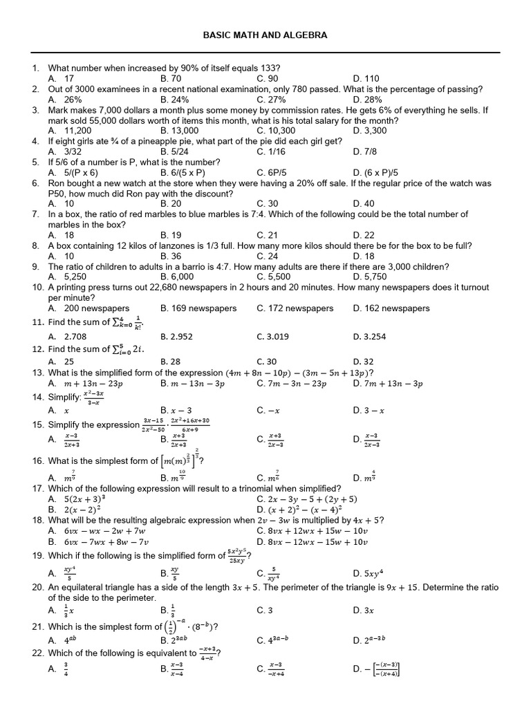 1-Basic-Math-and-Algebra | PDF | Equations | System Of Linear Equations