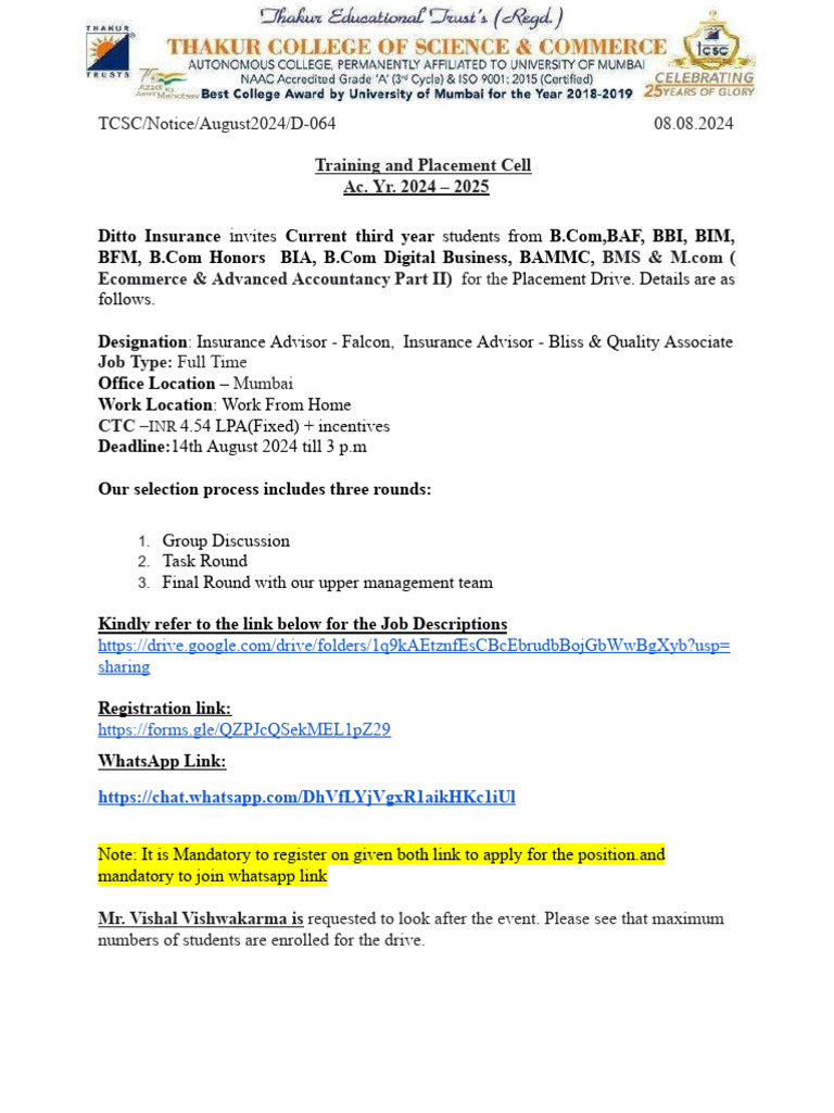 Ditto Insurance Placement Drive 2024 | PDF