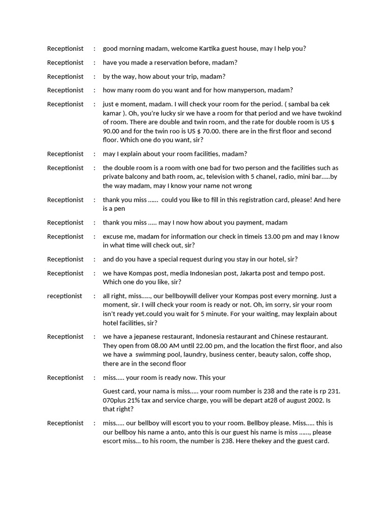 Hotel Receptionist Dialogue Example | PDF | Hotel | Hospitality Industry