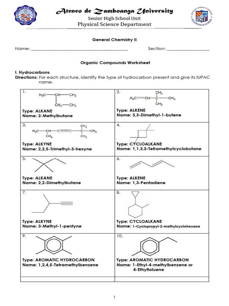 Answer Key Organic Compounds Worksheet | PDF | Ester | Chemical Substances