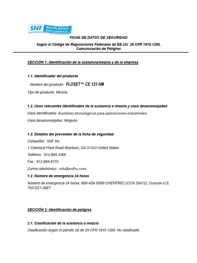 Msds Floset 131 HM | PDF | Agua | Reciclaje